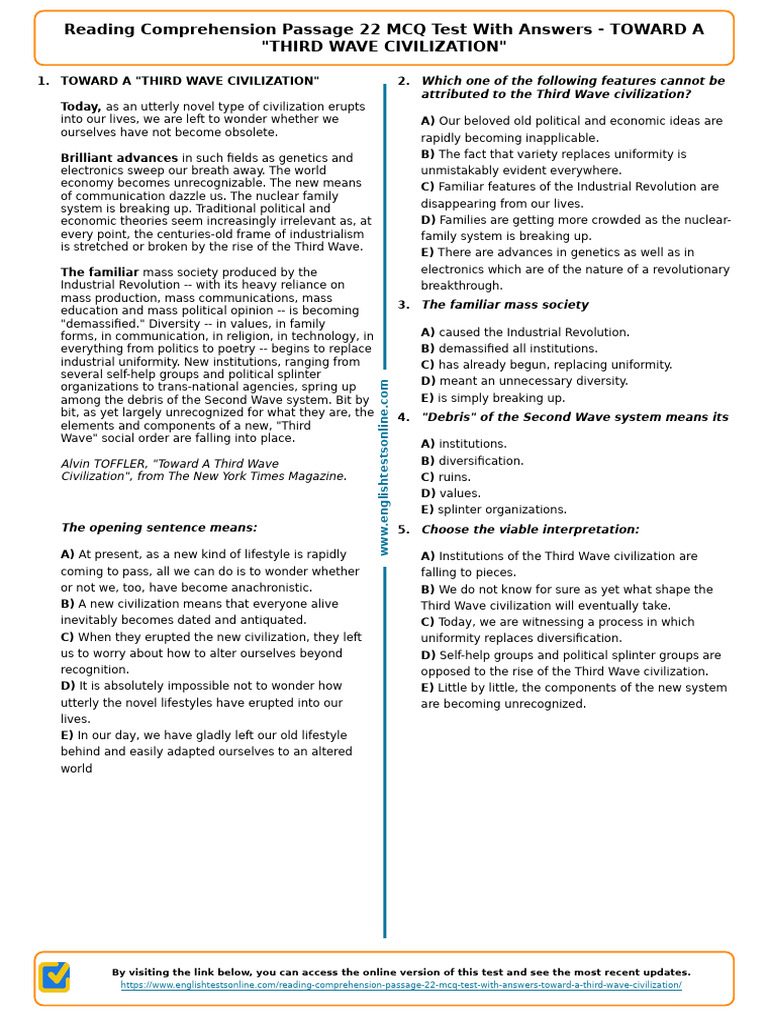 592 Reading Comprehension Passage 22 MCQ Test With Answers Toward A ...