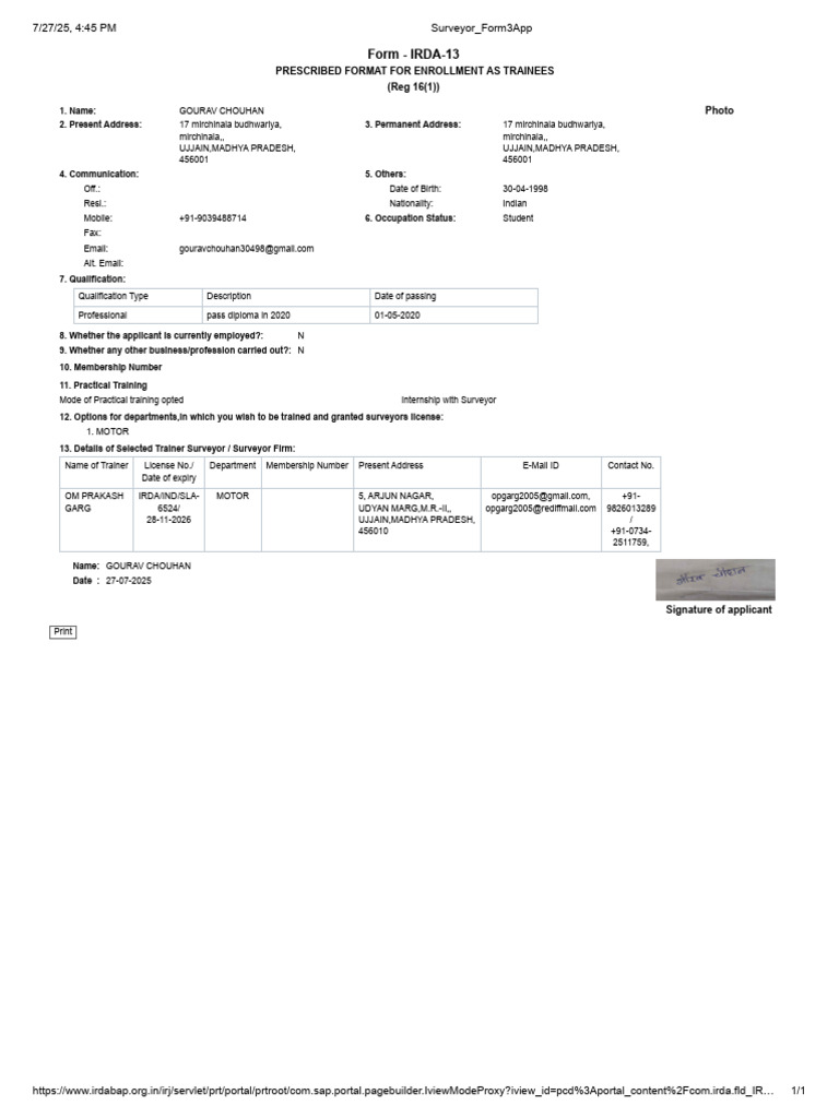 FORM-IRDA-13-Trainee Surveyor Enrollment | PDF | Chess Theory | Chess