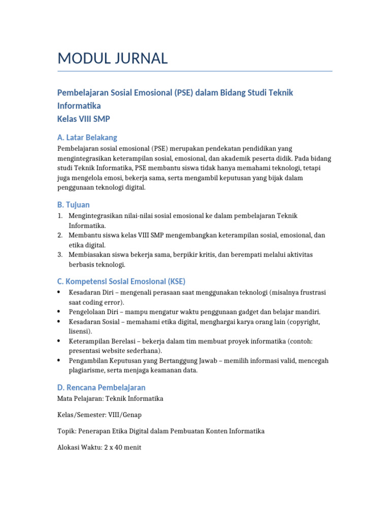 Modul Jurnal PSE Teknik Informatika Kelas VIII | PDF