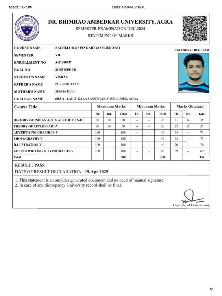 VIshal VIIth Sem Result | PDF