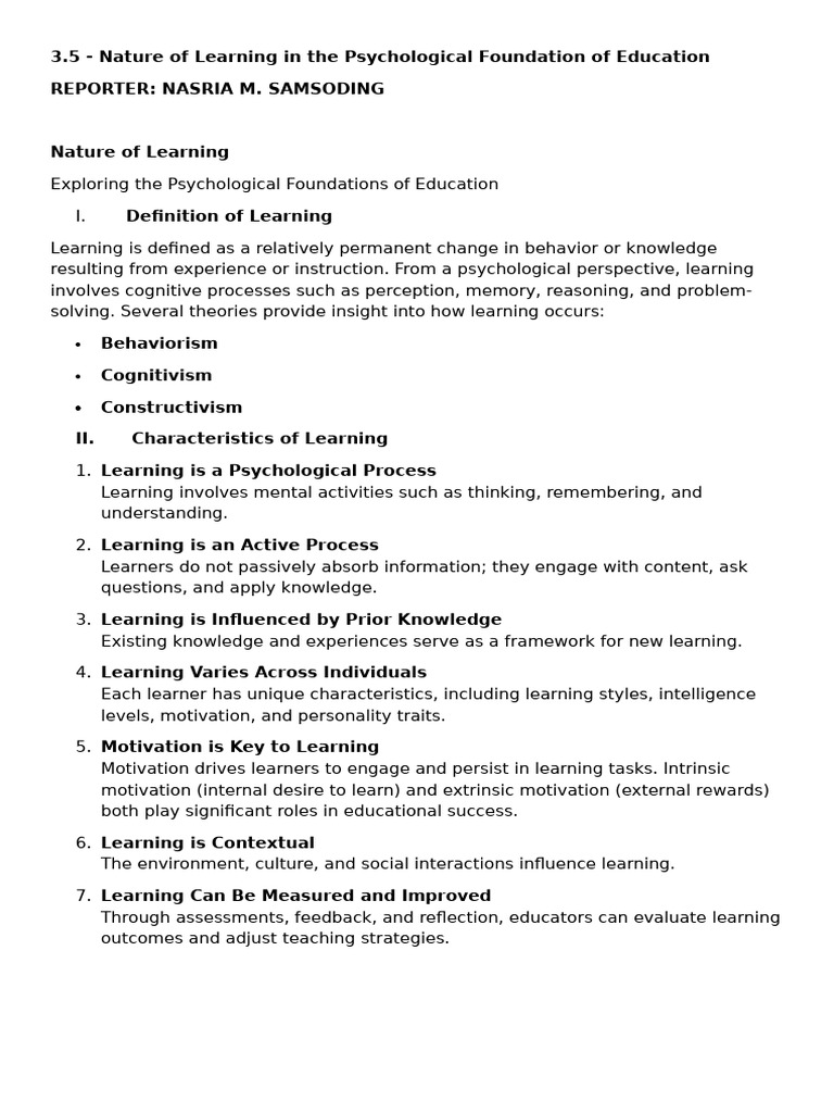 3.5 Nature of Learning Samsoding | PDF | Learning | Motivational