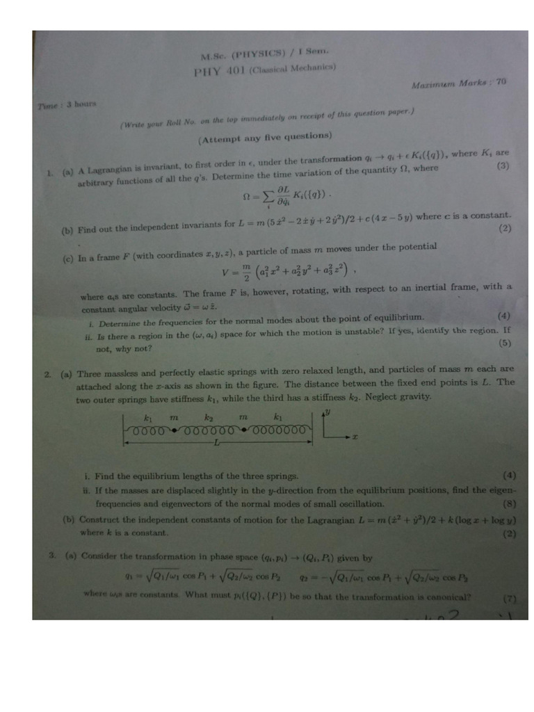 Classical Mechanics 2016 Question Paper DU MSC Physics | PDF