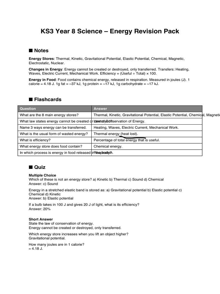 KS3 Science Energy Revision | PDF