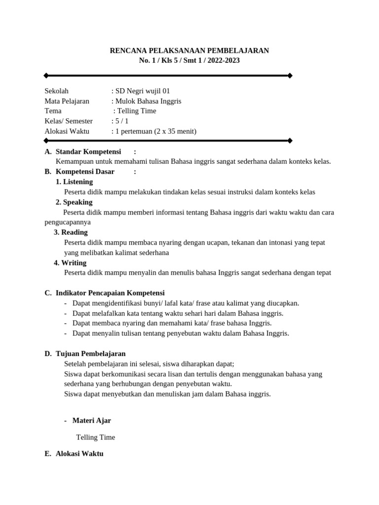 RPP Telling Time Kelas 5 SD | PDF