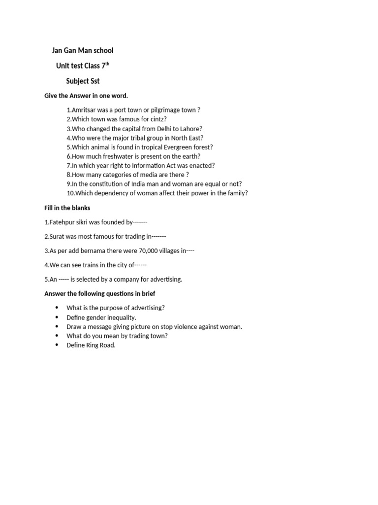 Class 7 SST Unit Test Questions | PDF