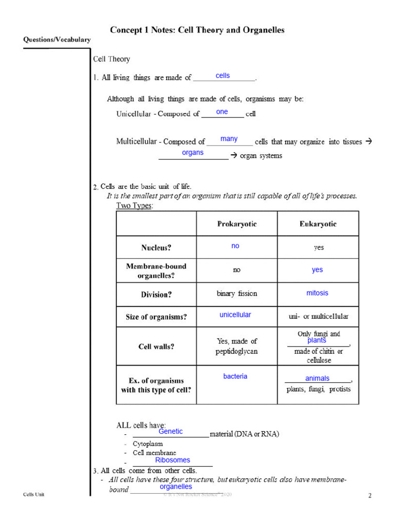 Unit 1 - Cell Theory and Organelles Notes (Honors Biology) | PDF | Cell ...