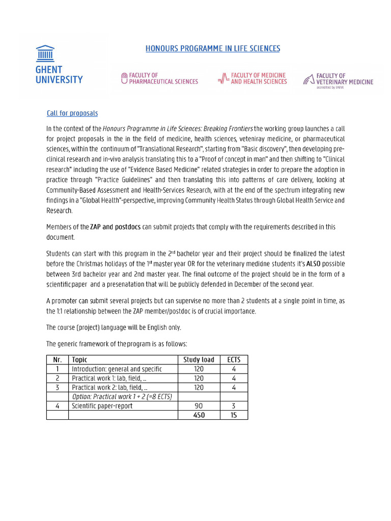 Call For Proposals Honours Programme in Life Sciences 2022 | PDF