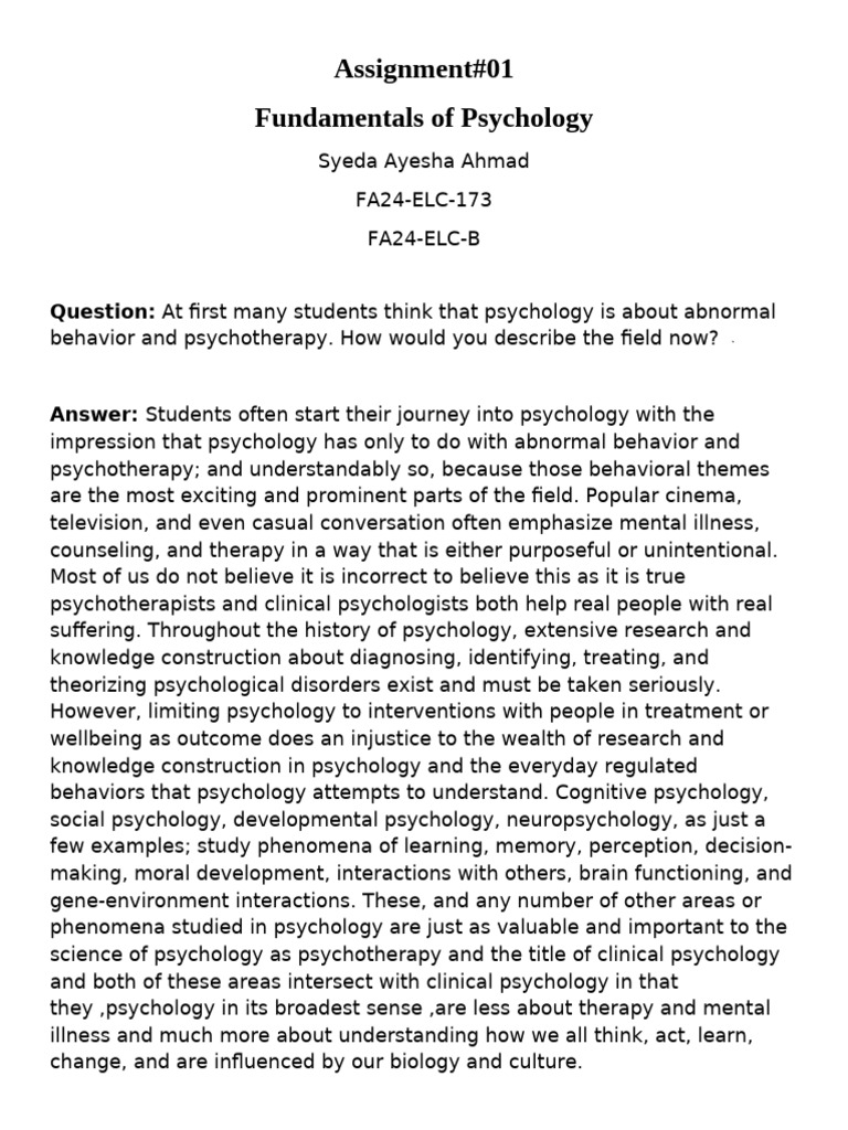 Assignment#01 | PDF | Psychology | Psychotherapy