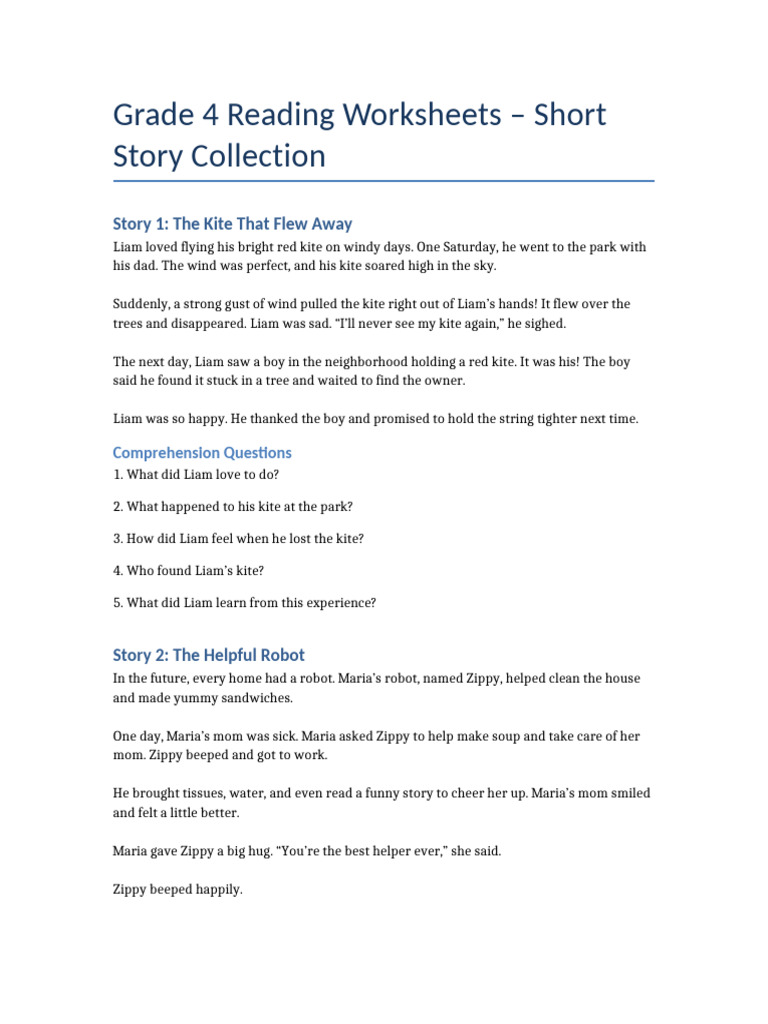 Grade4 Short Stories Worksheet Collection | PDF