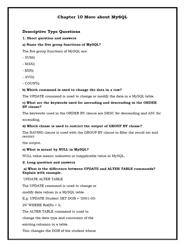 Chapter 10 More About Mysql Question And Answers Pdf Databases