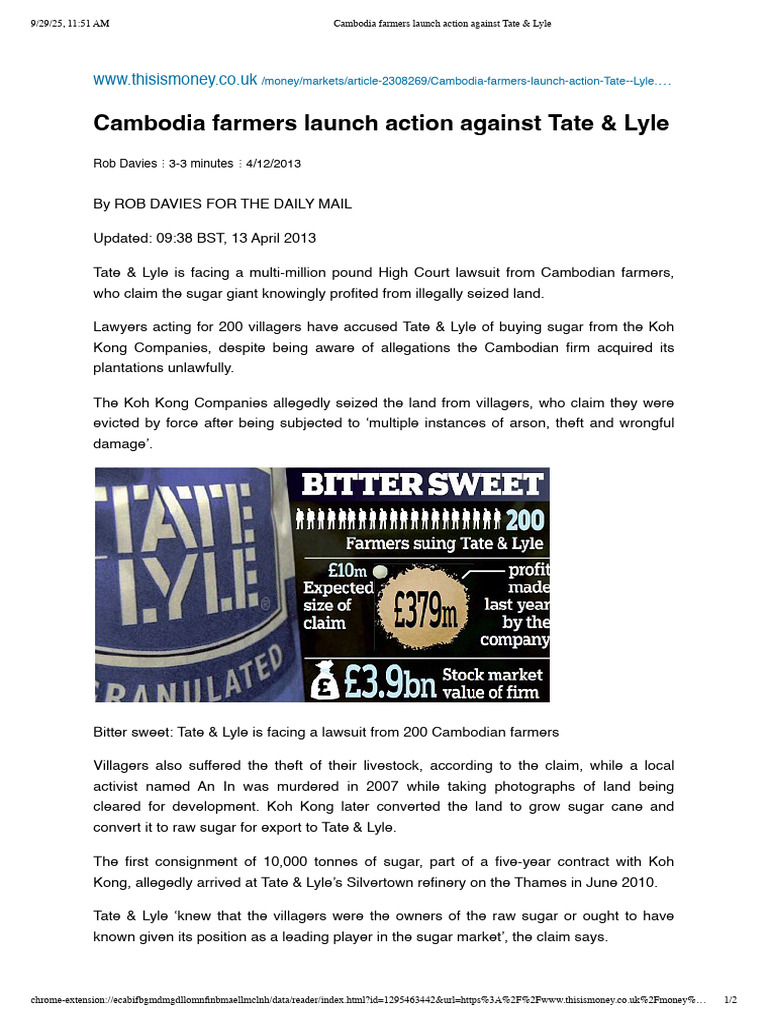 Cambodia Farmers Launch Action Against Tate & Lyle - Reader View | PDF