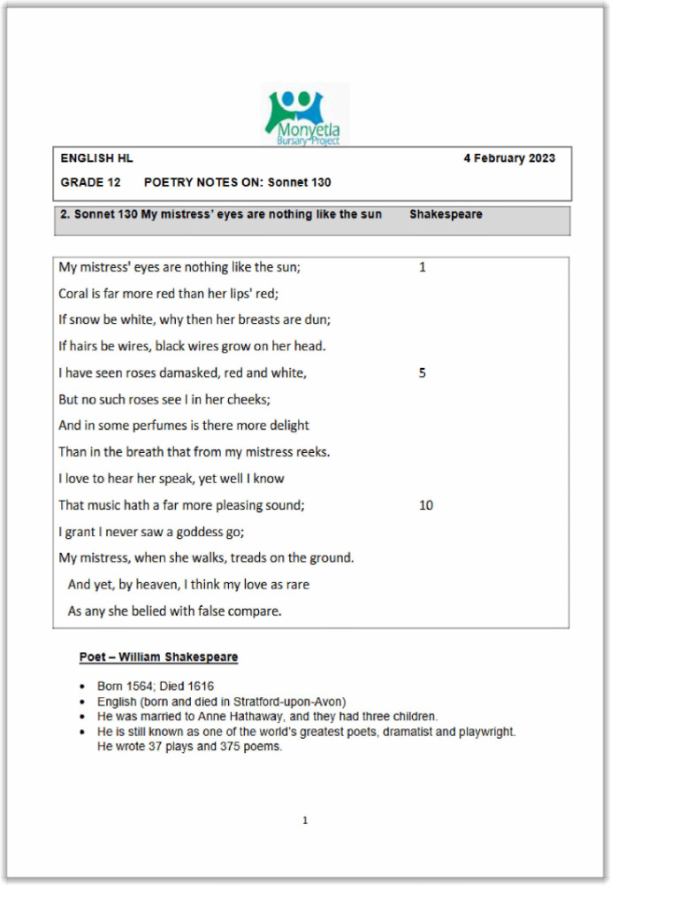 Sonnet 130 Analysis | PDF