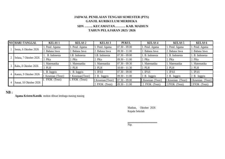 Jadwal PTS Ganjil SDN Madiun 2026 | PDF