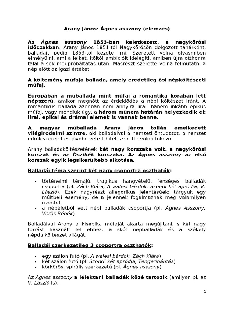 Ágnes Asszony Elemzés | PDF