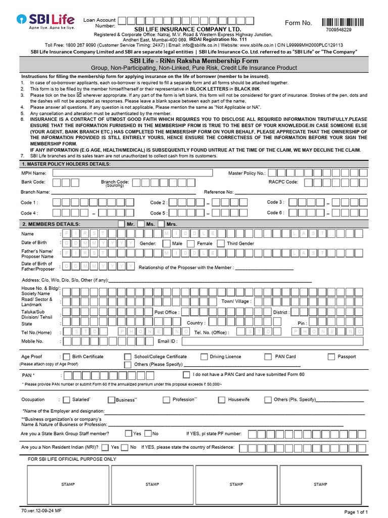 SBI+Life+-+RiNn+Raksha V03 Membership+Form | PDF | Insurance | Life ...