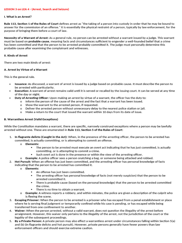 LESSON 3 Arrest Search Seizure | PDF | Search Warrant | Search And Seizure