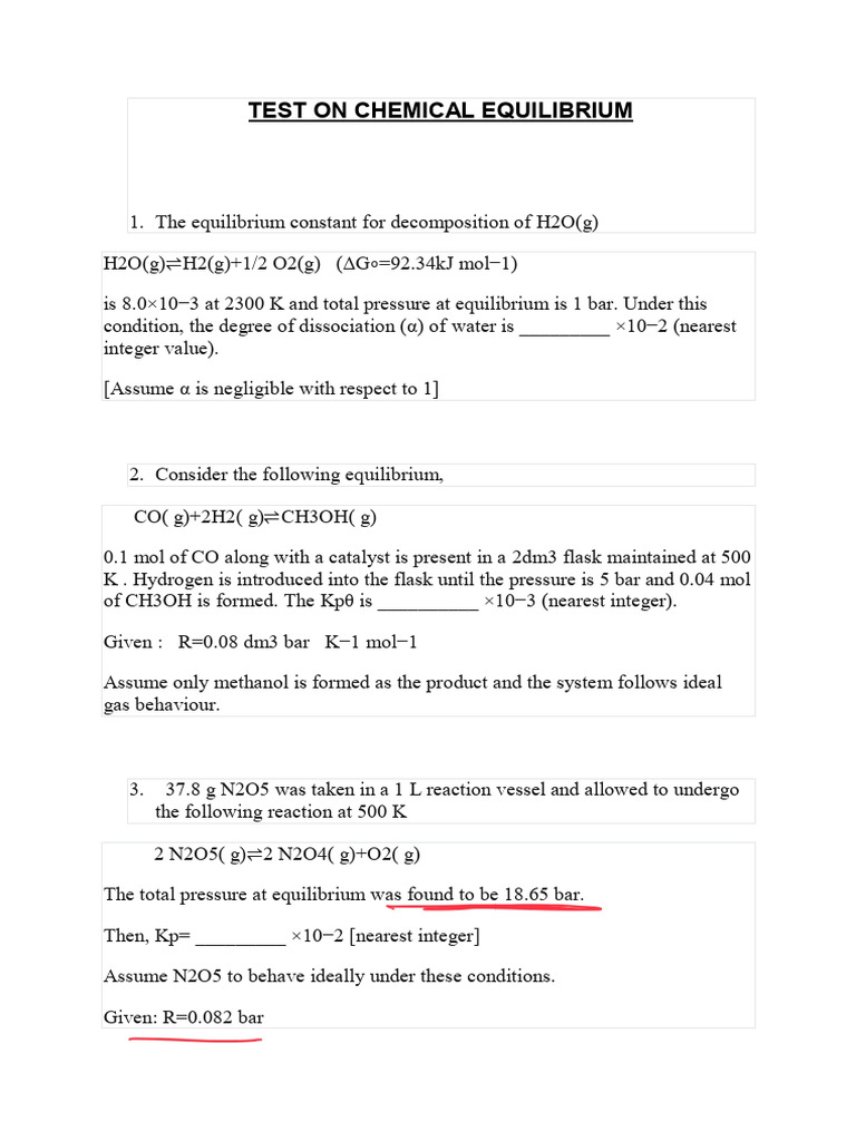 Chemical Equilibrium Test Questions | PDF | Chemical Equilibrium ...
