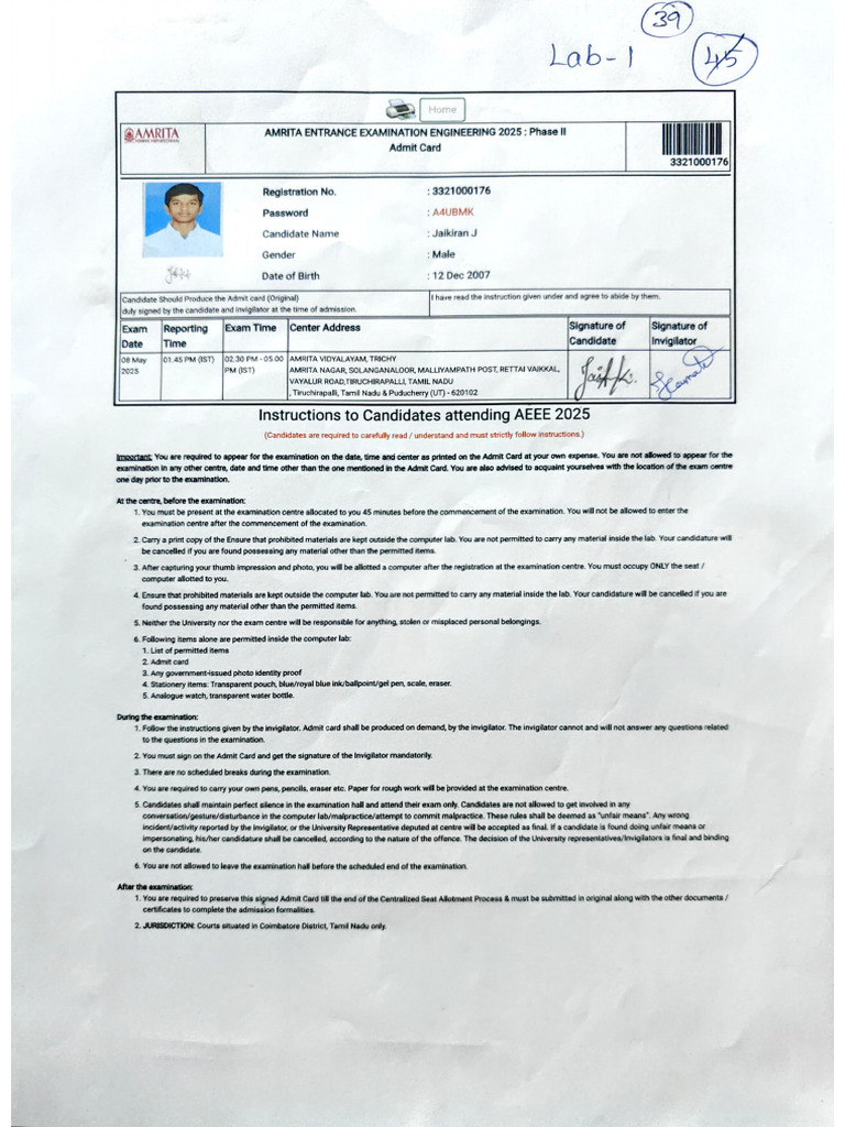 AEEE Admit Card Scanned | PDF