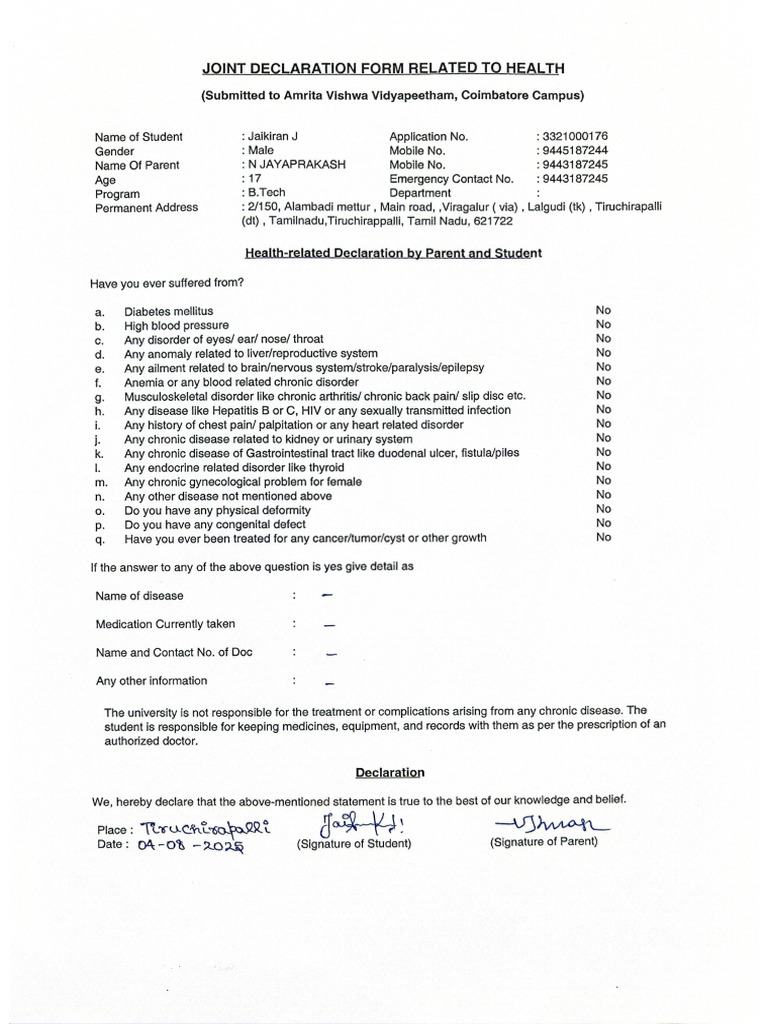 Joint Health Declaration (FILLED) | PDF