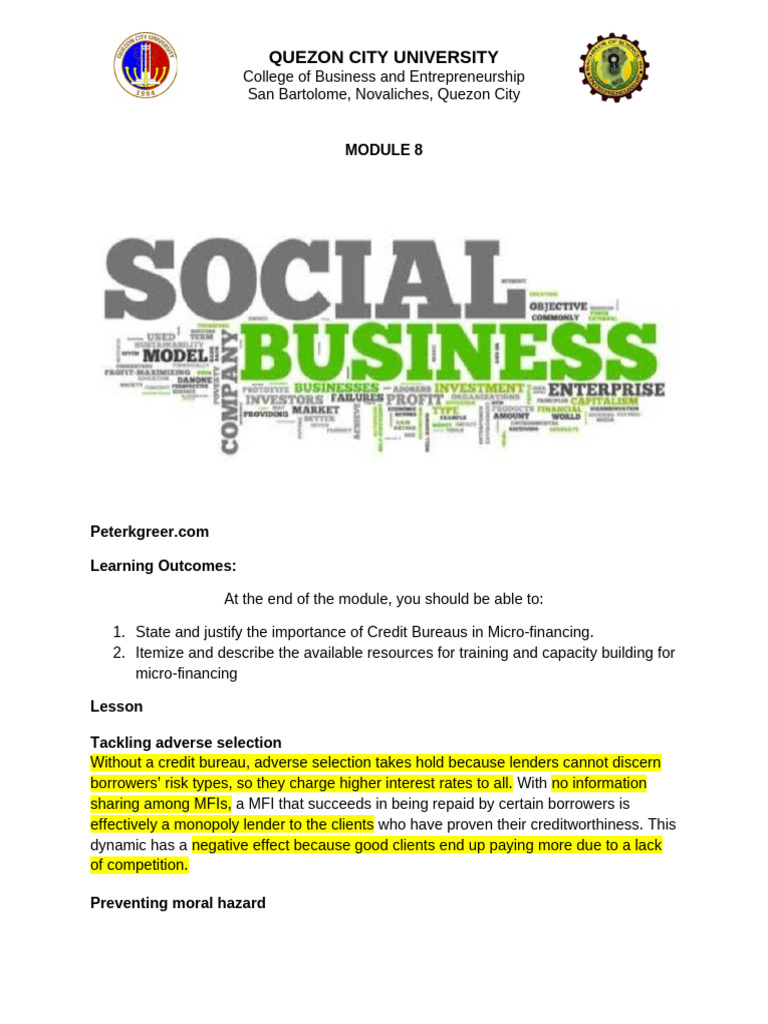 Module 8 Microfinance With Highlights | PDF | Microfinance | Credit