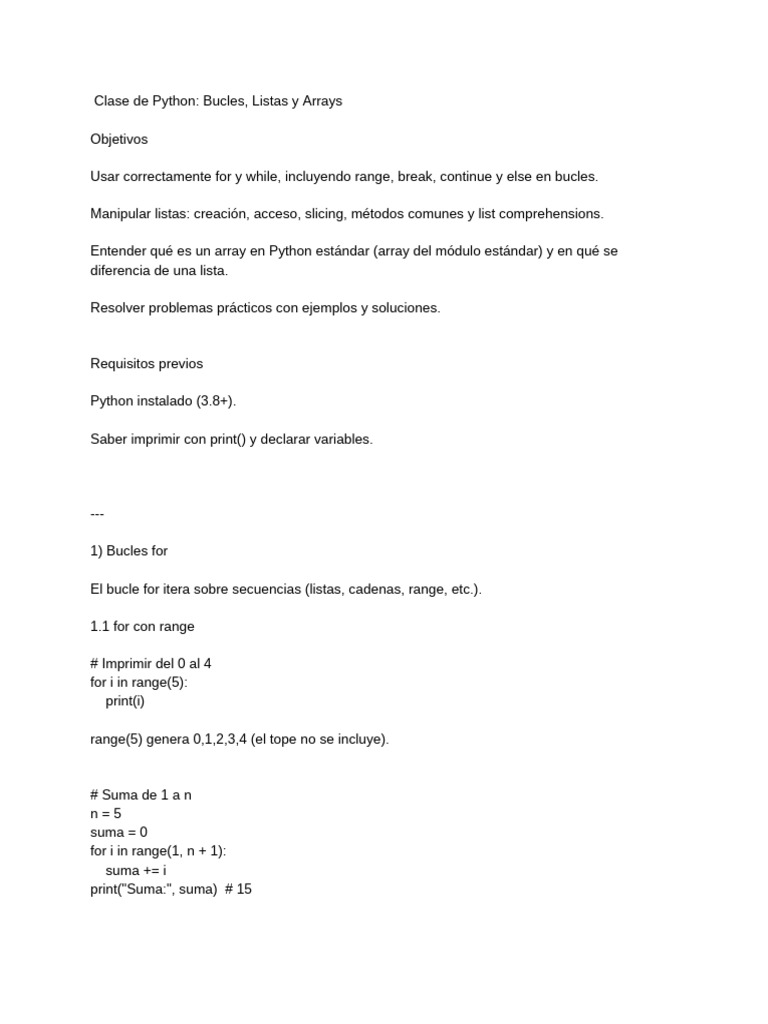 Clase de Python - Bucles, Listas y Arrays | PDF | Python (lenguaje de programación) | Desarrollo ...