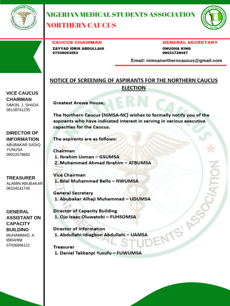 NiMSA Northern Caucus Election Aspirants | PDF