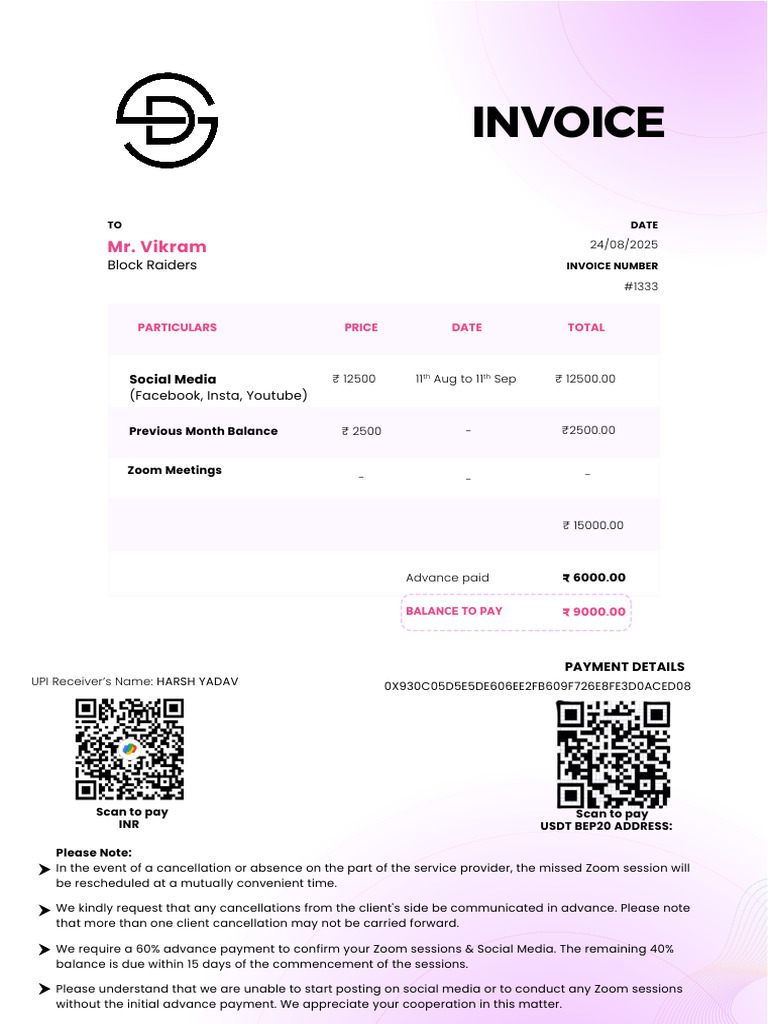 Invoice for Zoom and Social Media Services | PDF