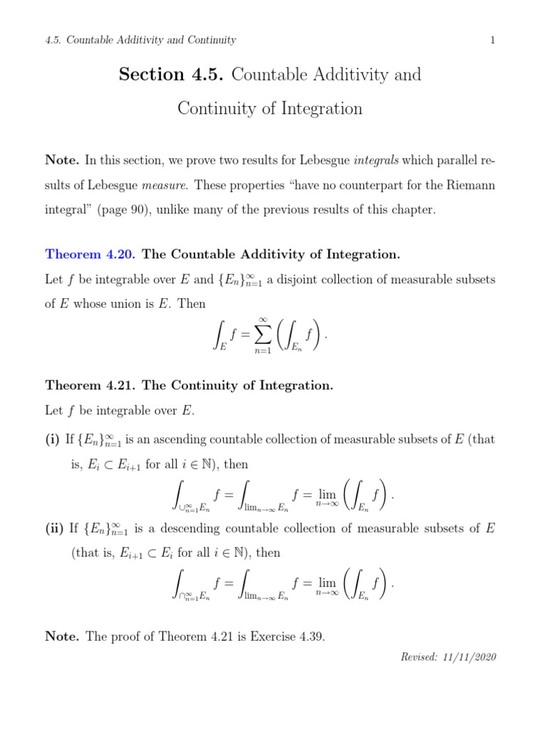 Countable Additivity & Continuity in Integration | PDF