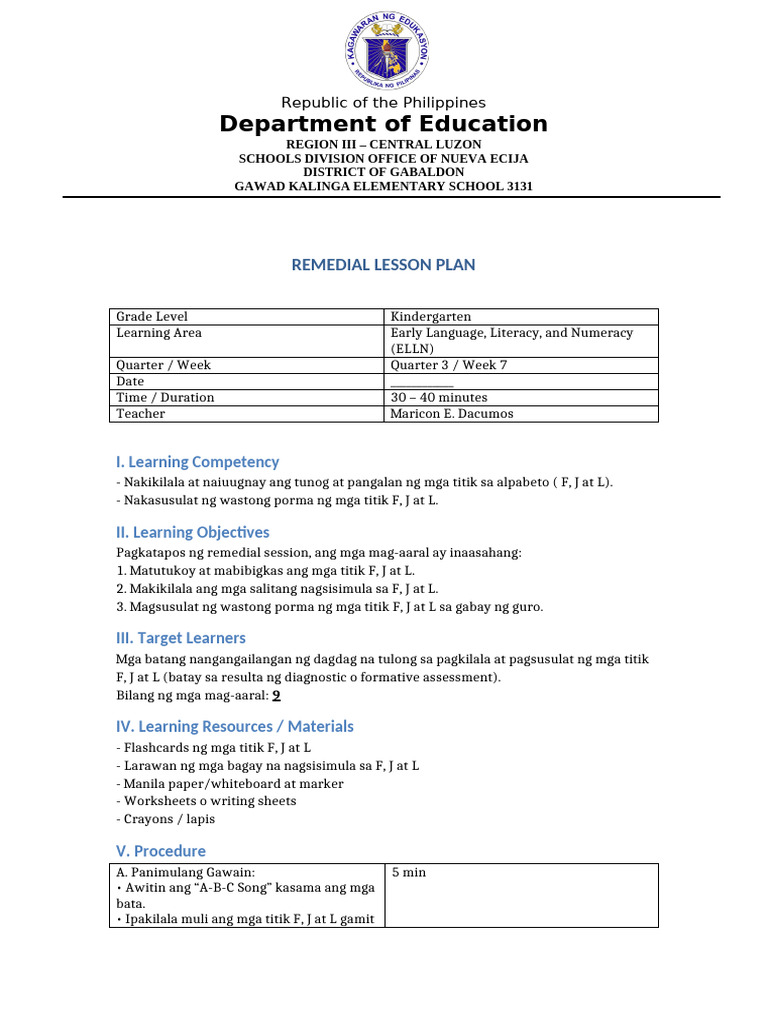 Remedial Lesson Plan Kindergarten | PDF
