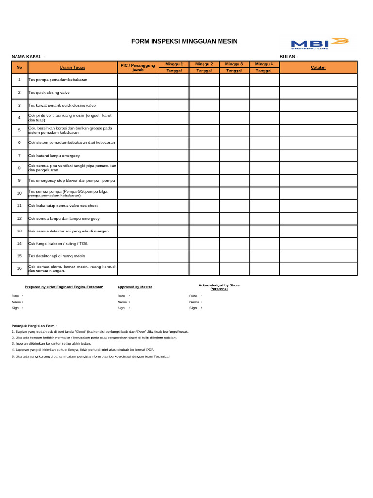 05. Form Inspeksi Mingguan Mesin | PDF