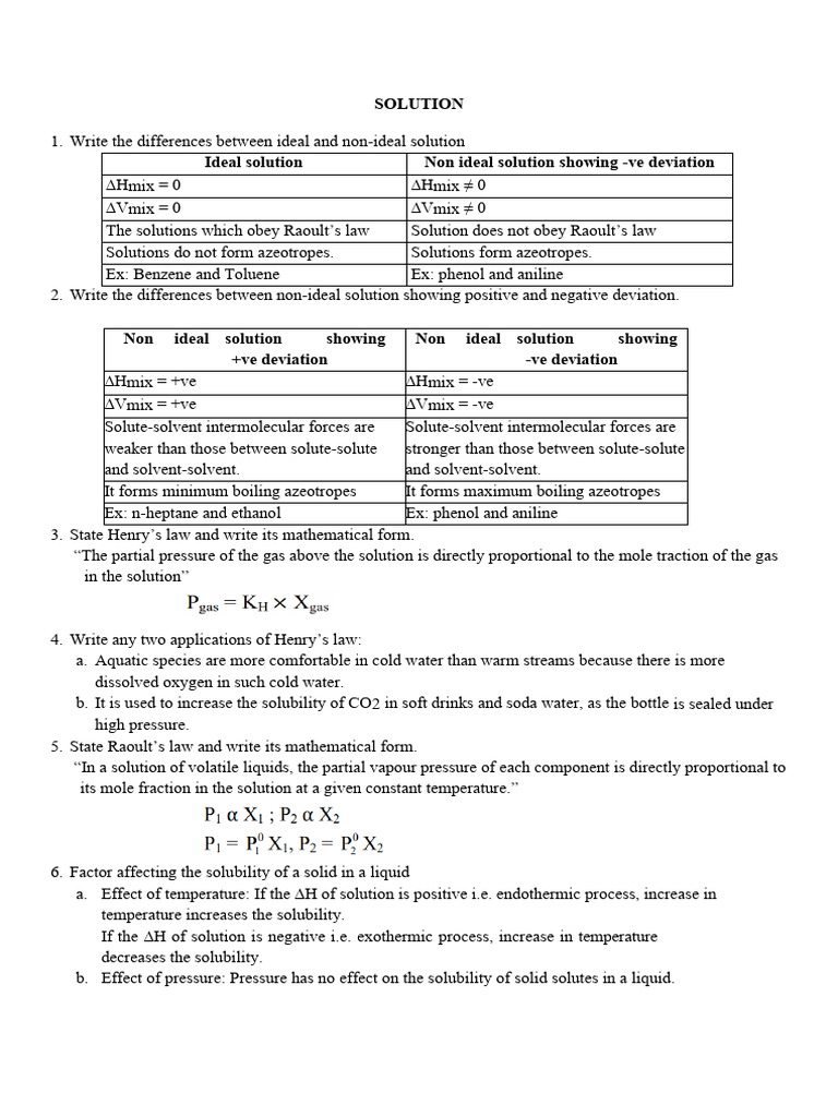 Differences in Ideal and Non-Ideal Solutions | PDF | Osmosis | Solubility