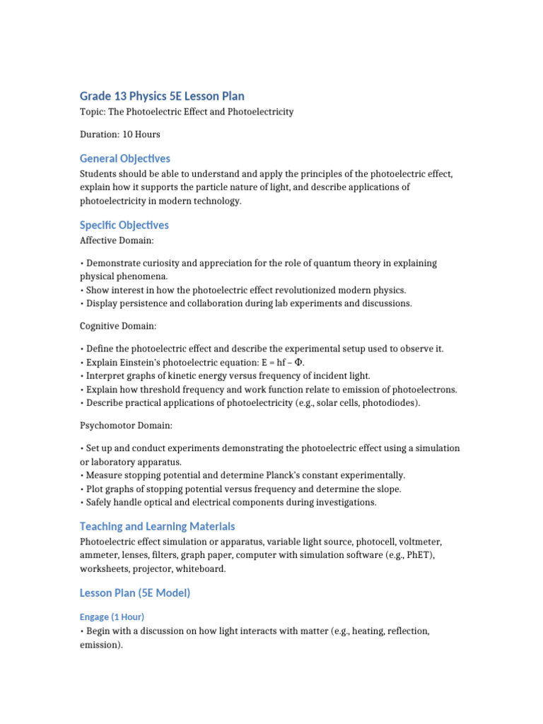 Photoelectric Effect Lesson Plan 5E | PDF | Photoelectric Effect | Physics