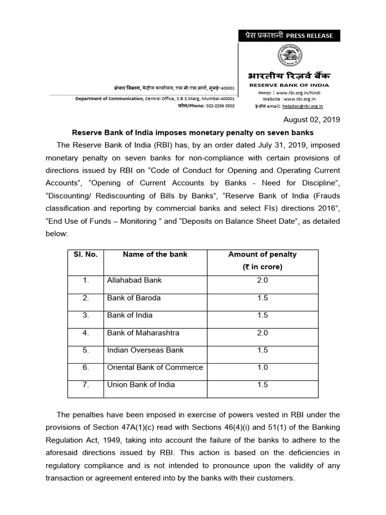 RBI Penalty on Indian Banks, April 2025 | PDF | Reserve Bank Of India ...