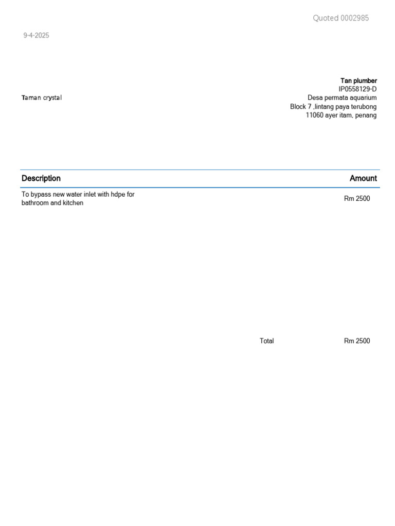 Plumbing Invoice for Water Inlet Bypass | PDF