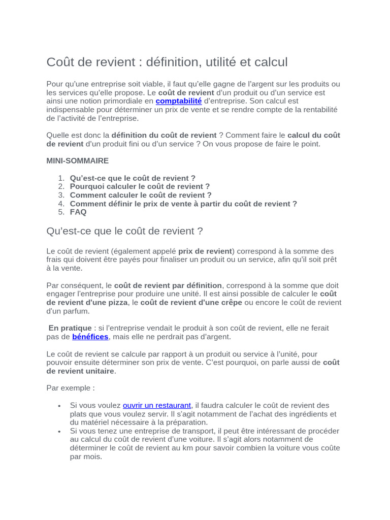 Coût de revient : définition et calcul | PDF | Taxe sur la valeur ...