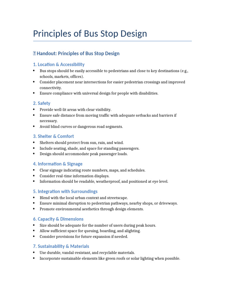 Principles of Bus Stop Design Handout | PDF