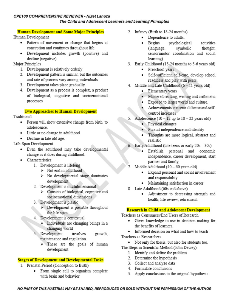 Cpe100 Comprehensive Reviewer | PDF | Adolescence | Prenatal Development