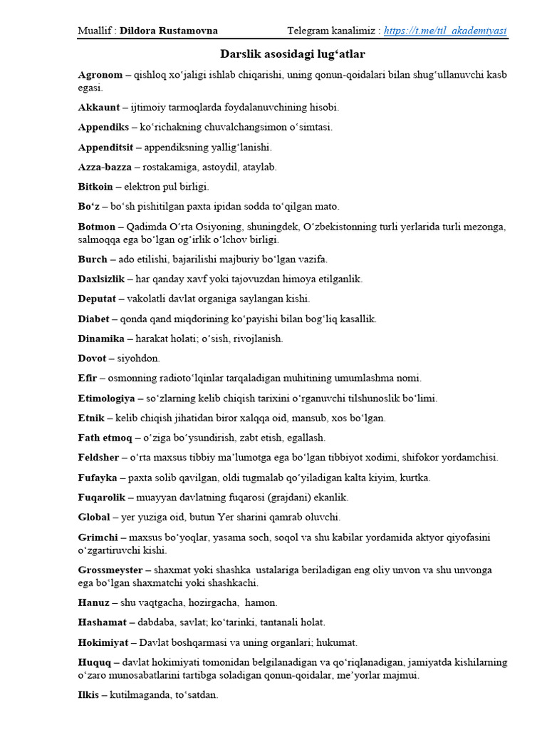 5-11-Sinf Darslik Asosidagi Lug'At | PDF