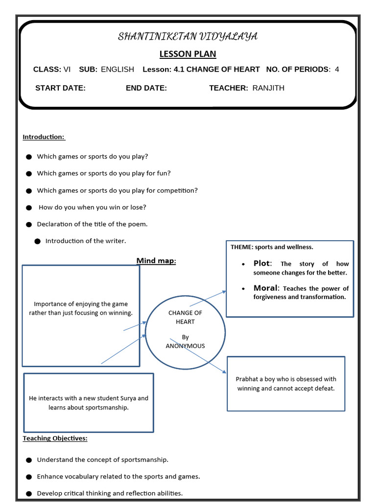 Change of Heart: Class 6 Lesson Plan | PDF | Social Psychology ...