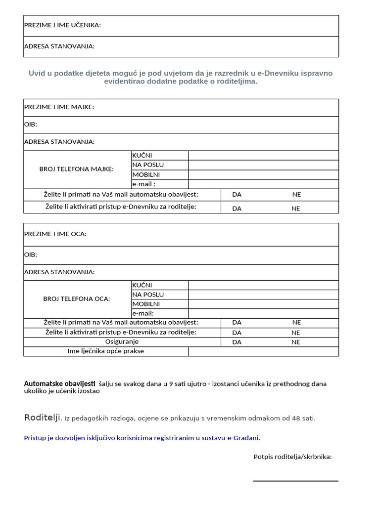 PRVI RAZREDI-Upitnik Za Roditelje | PDF