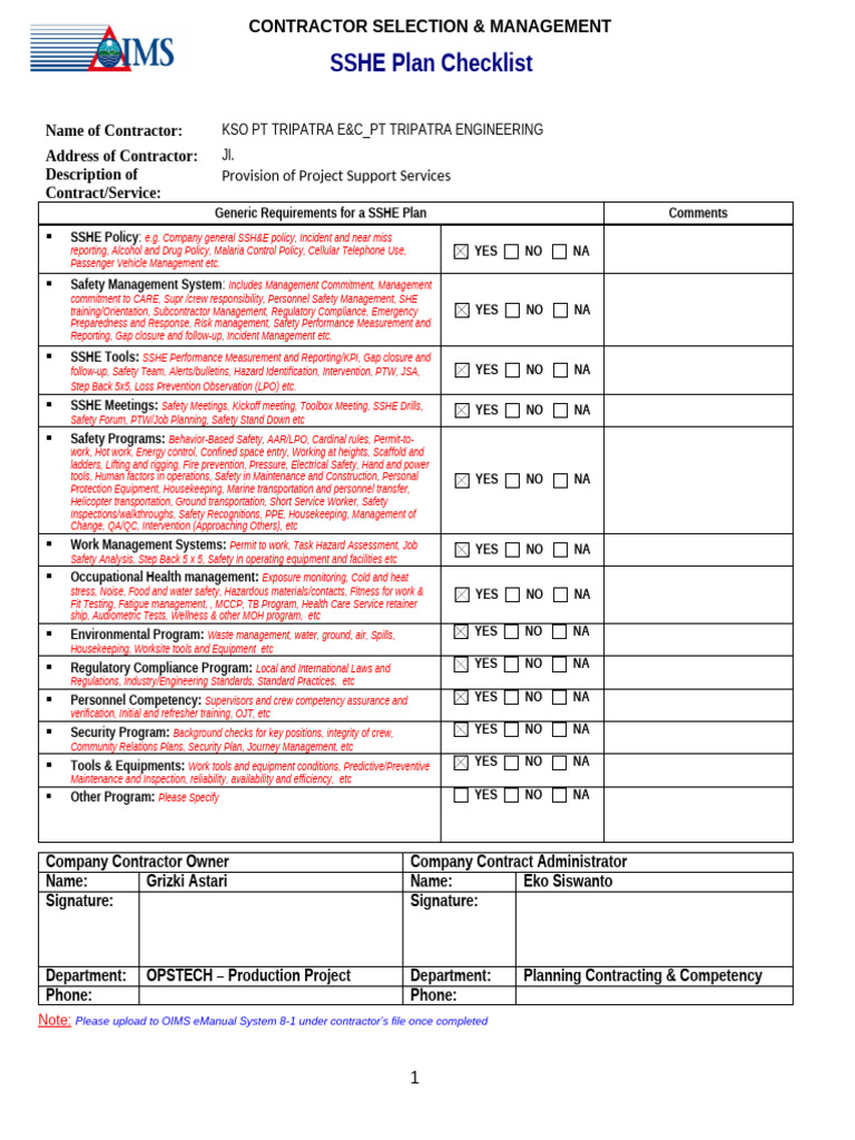 1 Contractor SSHE Plan Checklist | PDF | Safety | Reliability Engineering