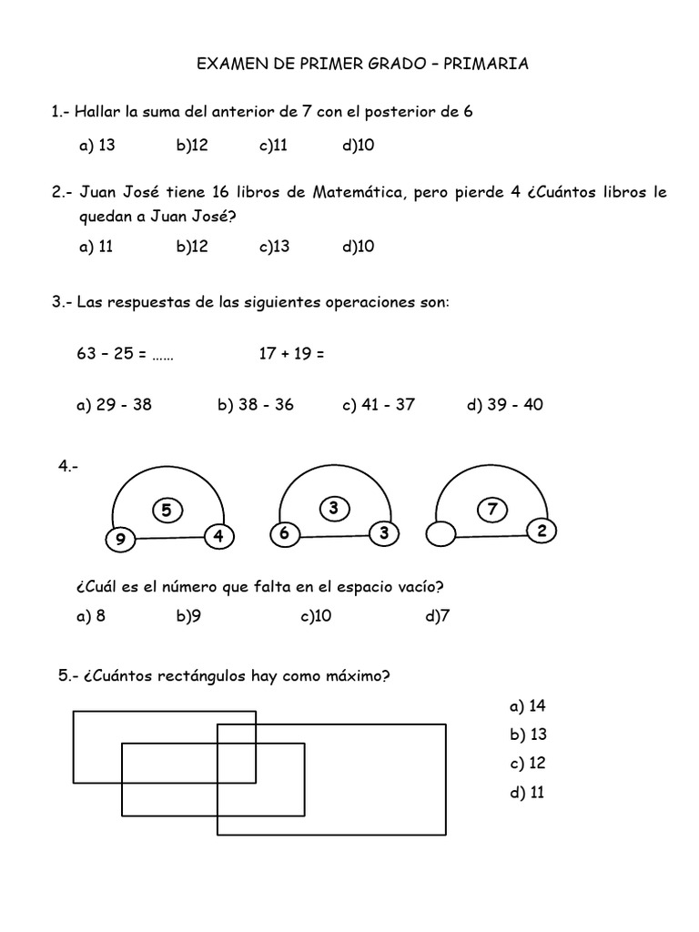 Examen Matematica Primer Grado | PDF