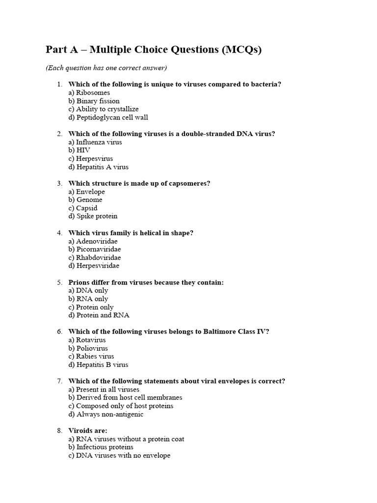Virus Structure and Classification MCQs | PDF