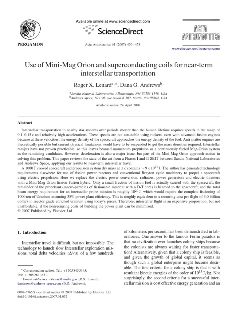 Mini-Mag Orion and Superconducting Coils For Near-Term Interstellar ...