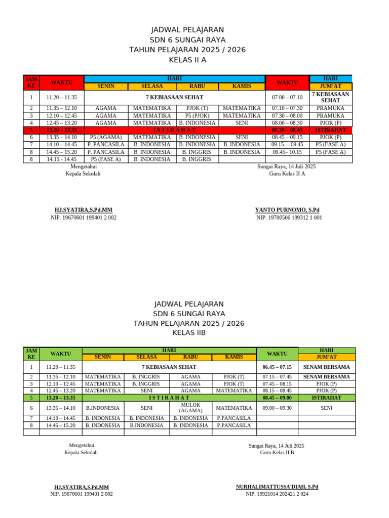 Jadwal 2a Dan 2b 2024-2025.Xlsx 5 HARI Ok | PDF