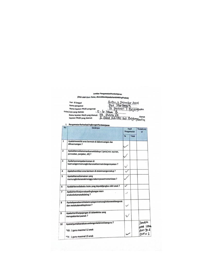 Lembar Pengamatan Pembelajaran | PDF