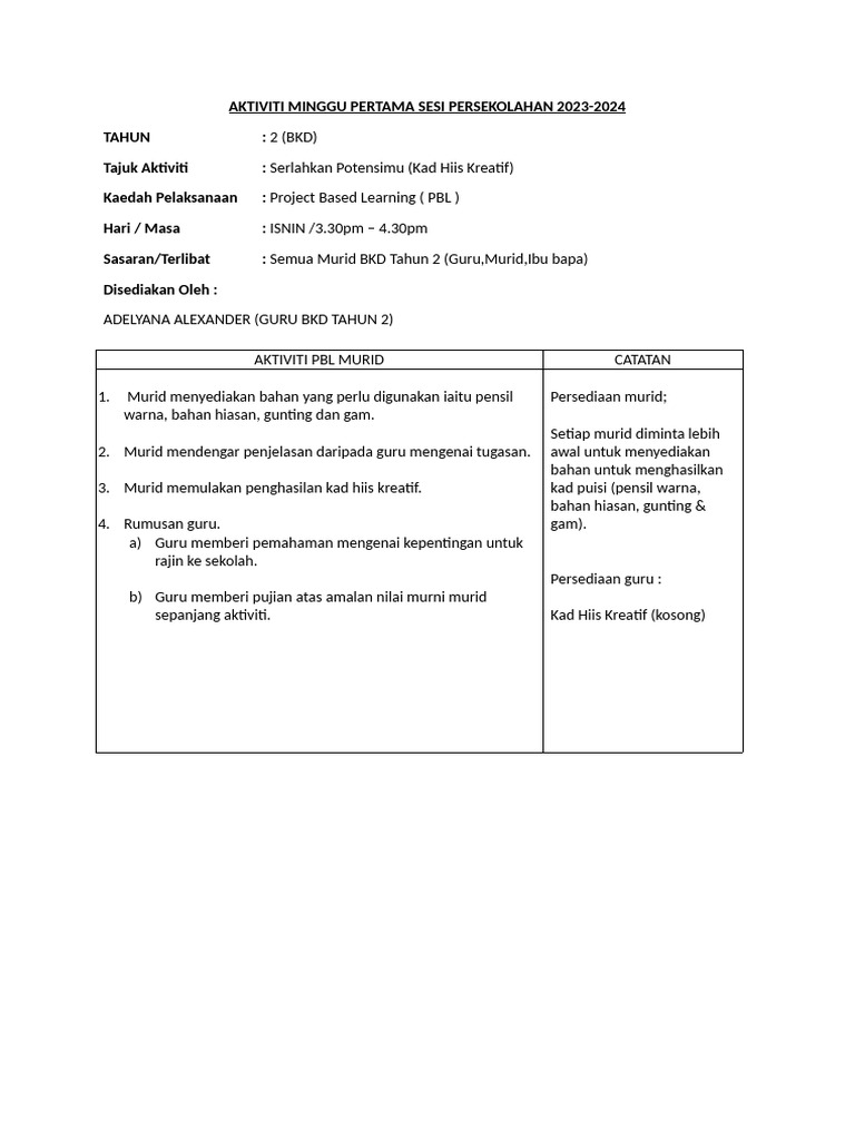 AKTIVITI_MINGGU_PERTAMA_SESI_PERSEKOLAHAN_2023_BKD_TH2_&_TH3 | PDF