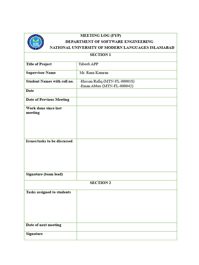 Meeting Log Fyp | PDF