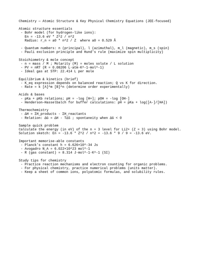 JEE Chemistry: Atomic Structure & Equations | PDF