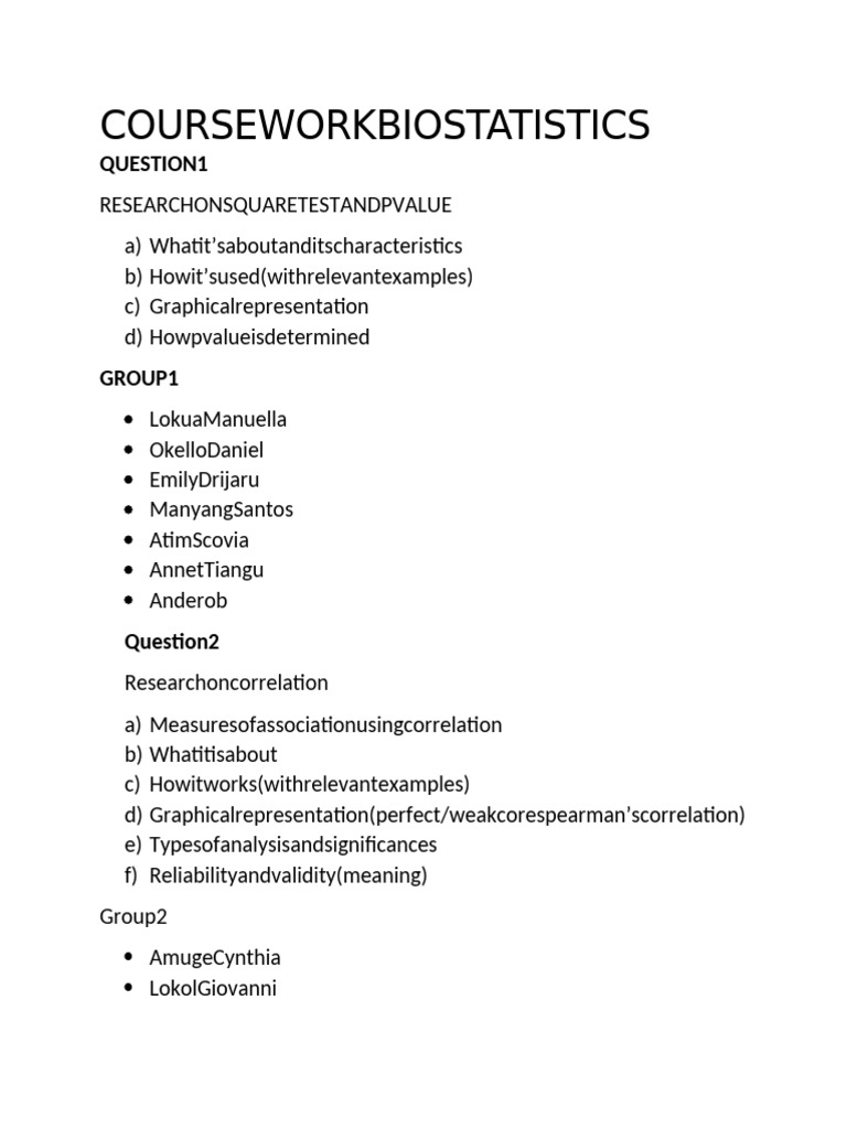 Biostatistics Course Work and Grouping | PDF